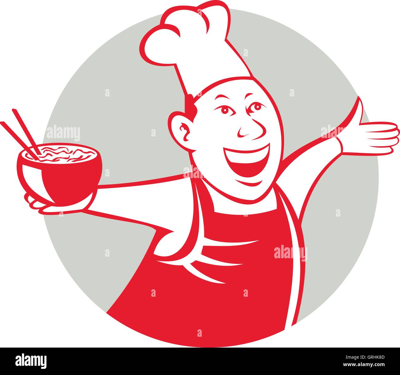 Asian Chef Serving Noodle Bowl Dancing Circle Cartoon Stock Vector ...