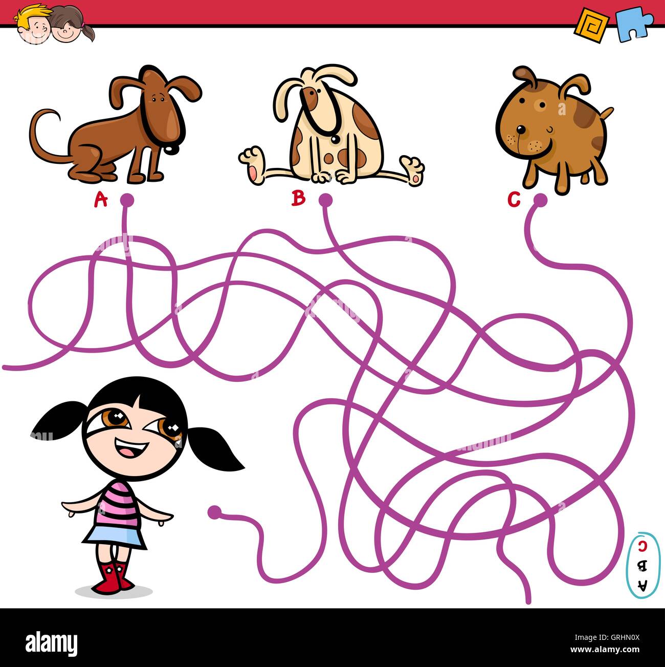 Cartoon Illustration of Educational Paths or Maze Puzzle Activity with ...