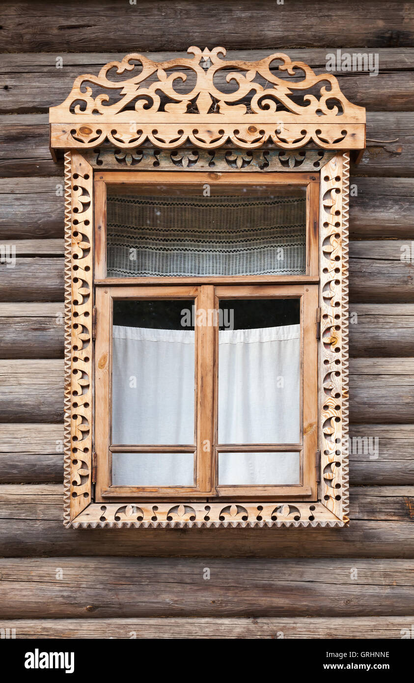 Traditional rural Russian ancient architecture details. Window with ...