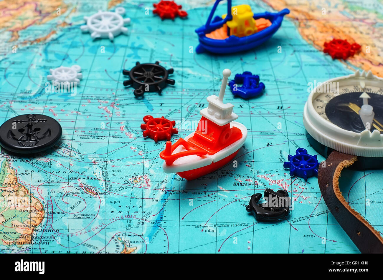 Map of the sea,the toy boat and marine characters on journey Stock ...