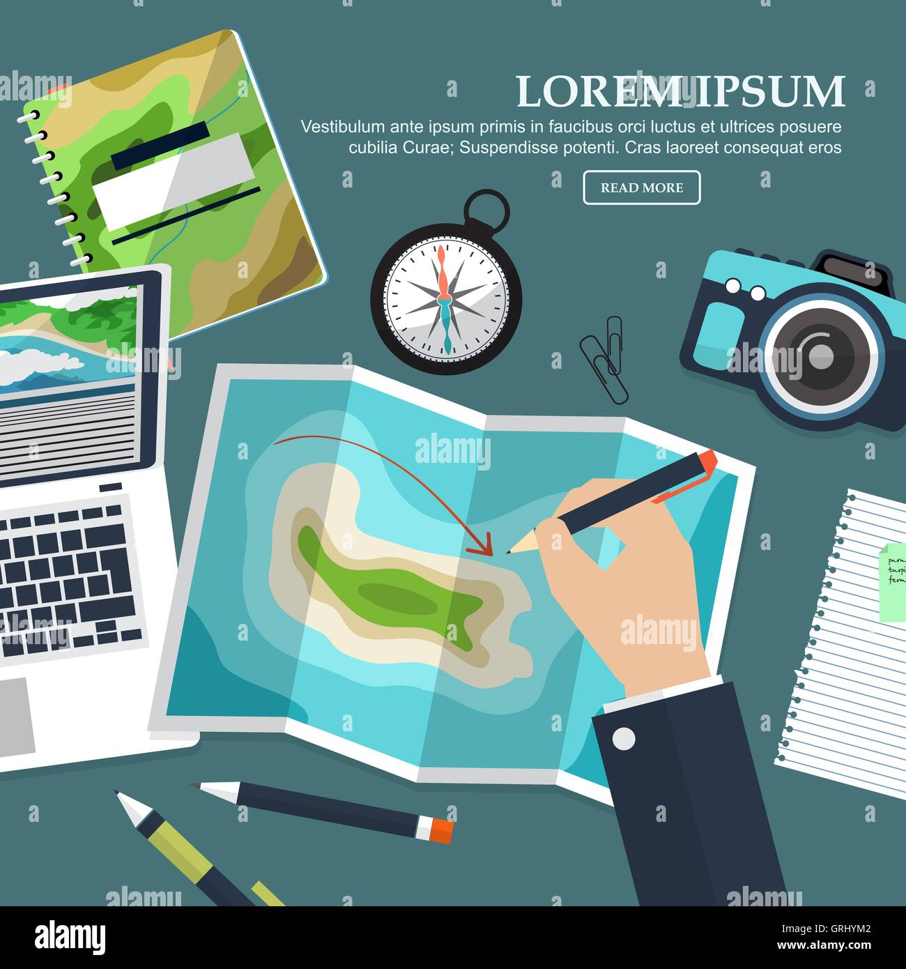 Travel planning. Vector illustration in a flat style. Traveller table ...