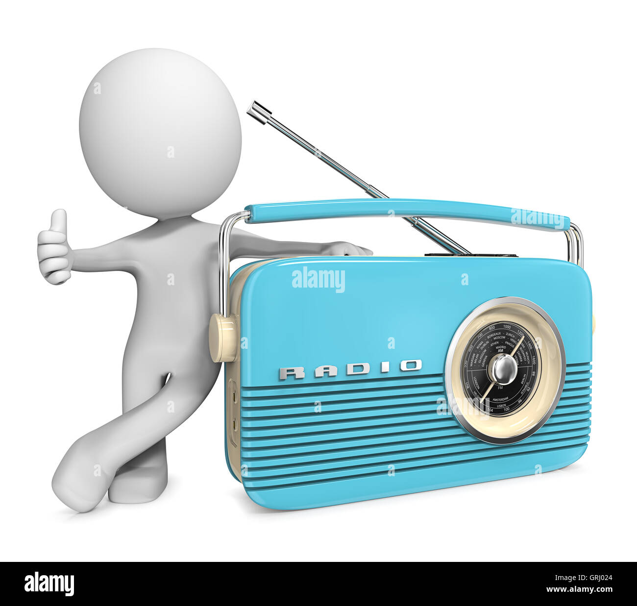 Dude 3D character with Blue retro Radio. Thumb up Stock Photo - Alamy