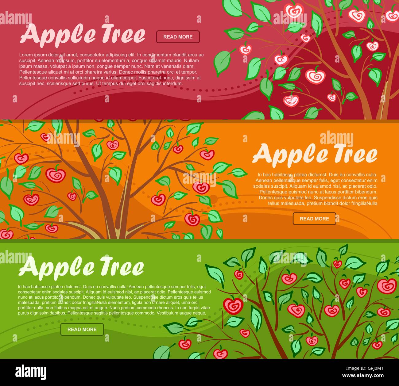 Three colorful banners with apple tree and place for your advertisement ...