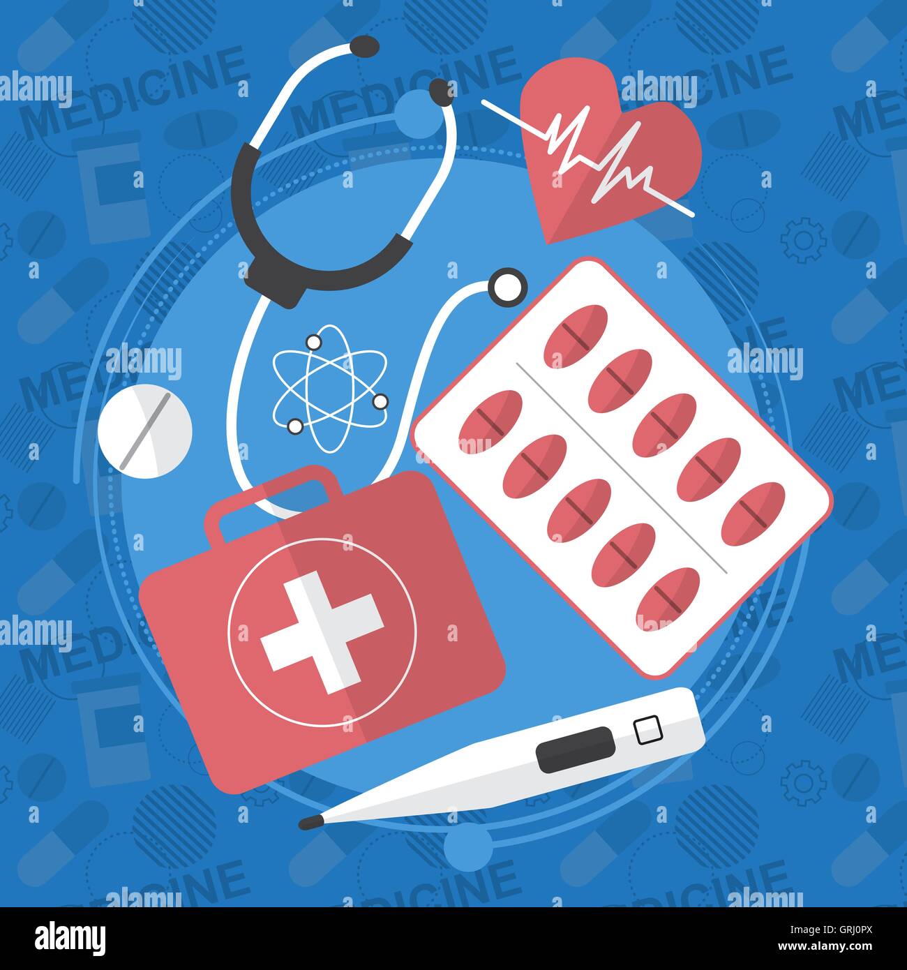 Medicine flat icons set. Pills box, tablets, pill, blister, vitamins ...