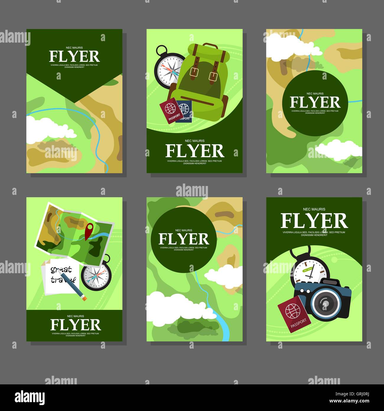 Collection of rectangular cards with maps and tourist facilities. Flat ...