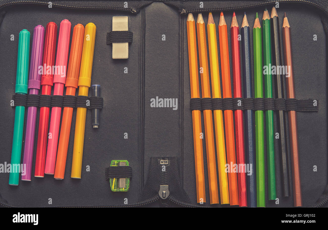 Close up on pencil case on table background Stock Photo - Alamy