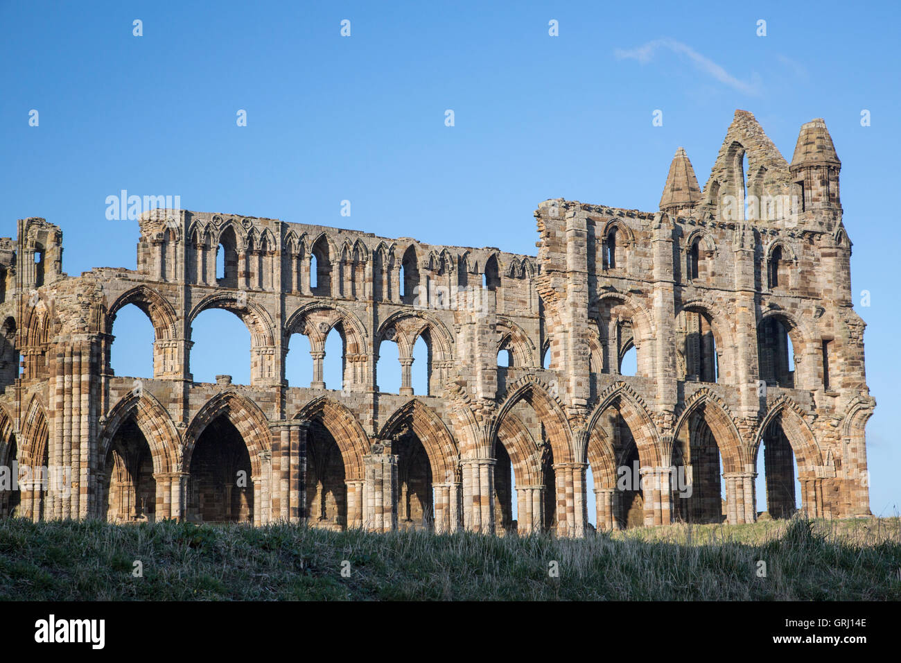 view of Whitby Abbey, ruined building, North Yorkshire Stock Photo - Alamy