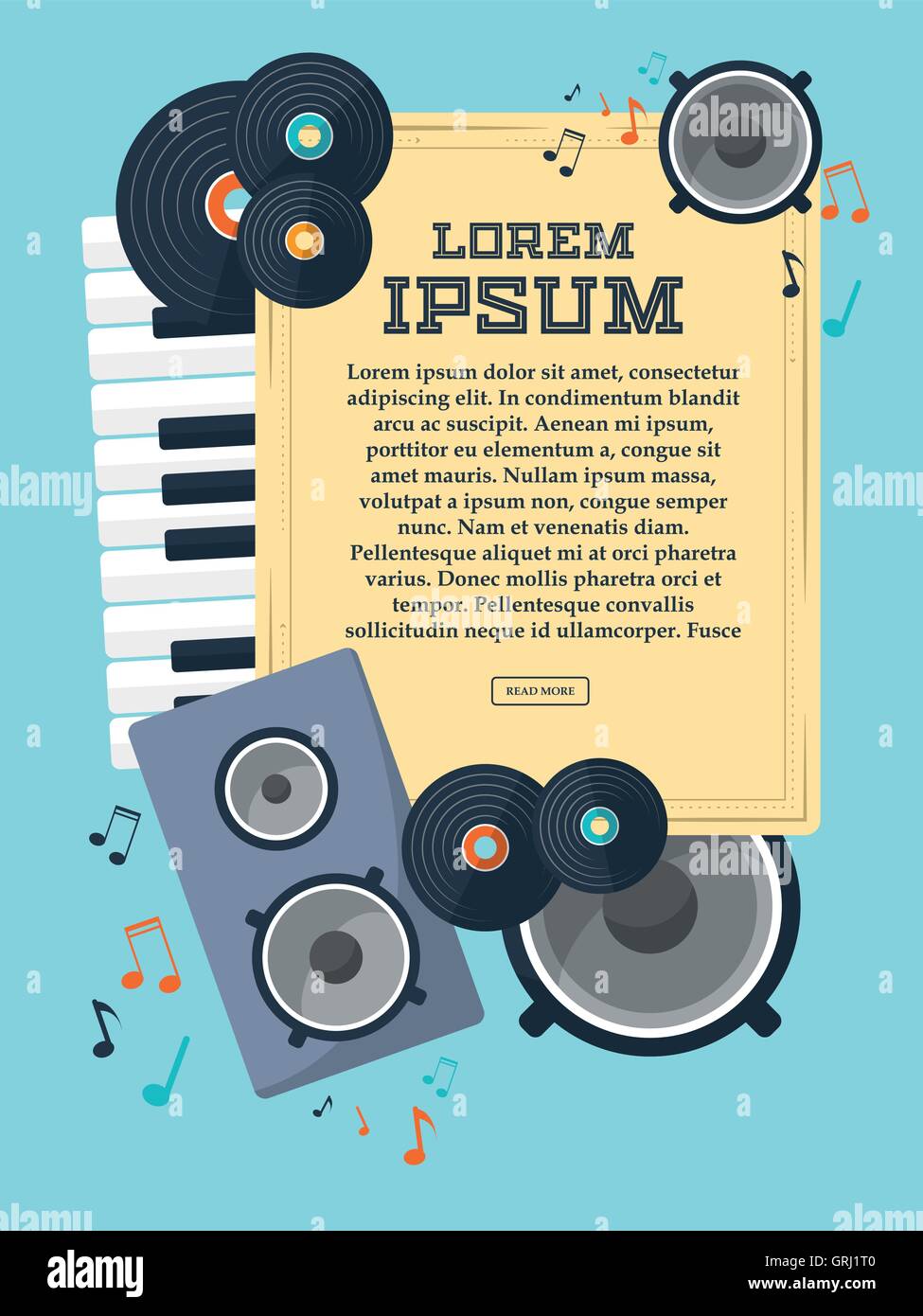 Frame with records, piano keys, speaker and notes for your design ...