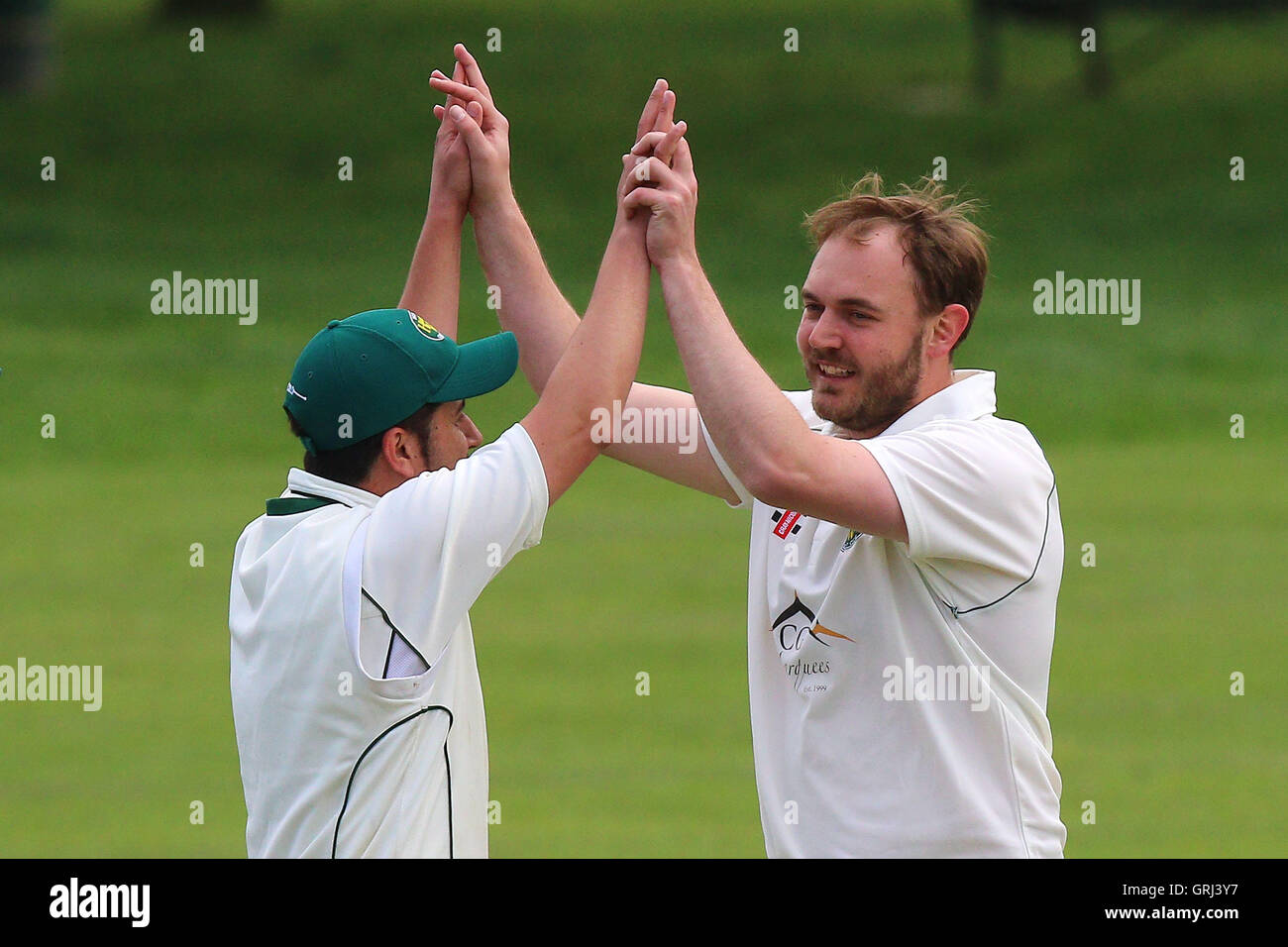 Richard Brabner of Harold Wood celebrates the first Billericay wicket ...