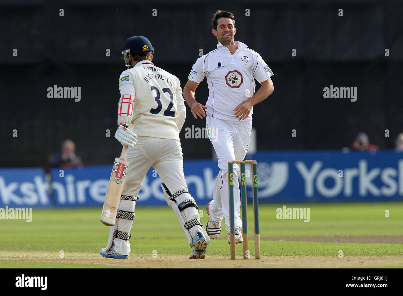 Tim Groenewald of Derbyshire celebrates the wicket of Jaik Mickleburgh ...