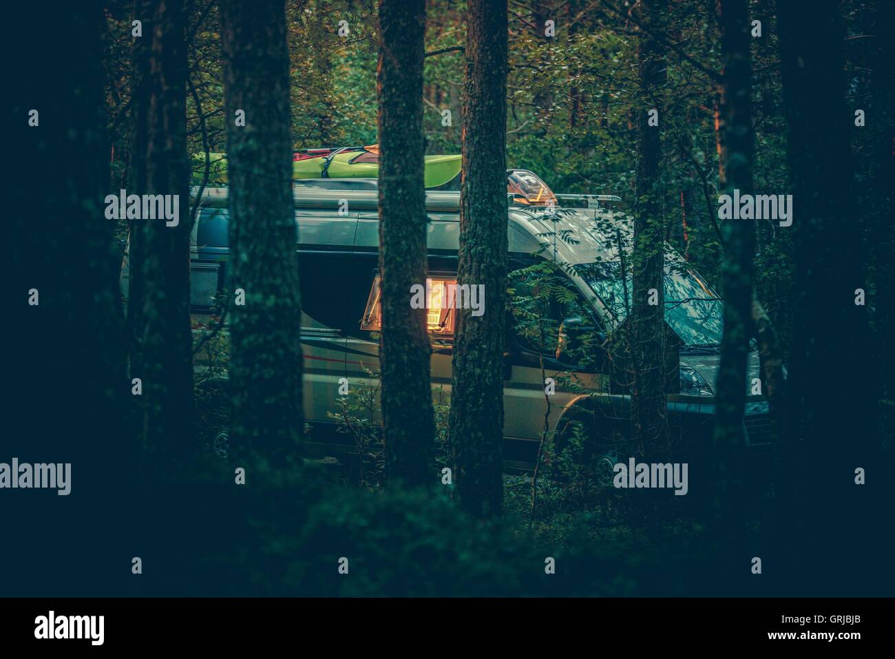 RV Free Wild Camping in the Deep Forest. Forest Camper Camping Stock ...