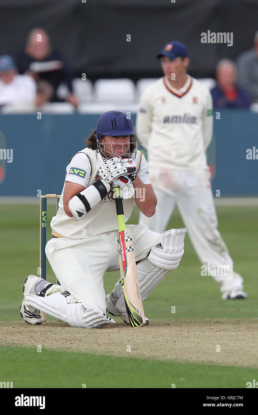 Ryan Sidebottom of Yorkshire reacts after being struck by a Reece ...