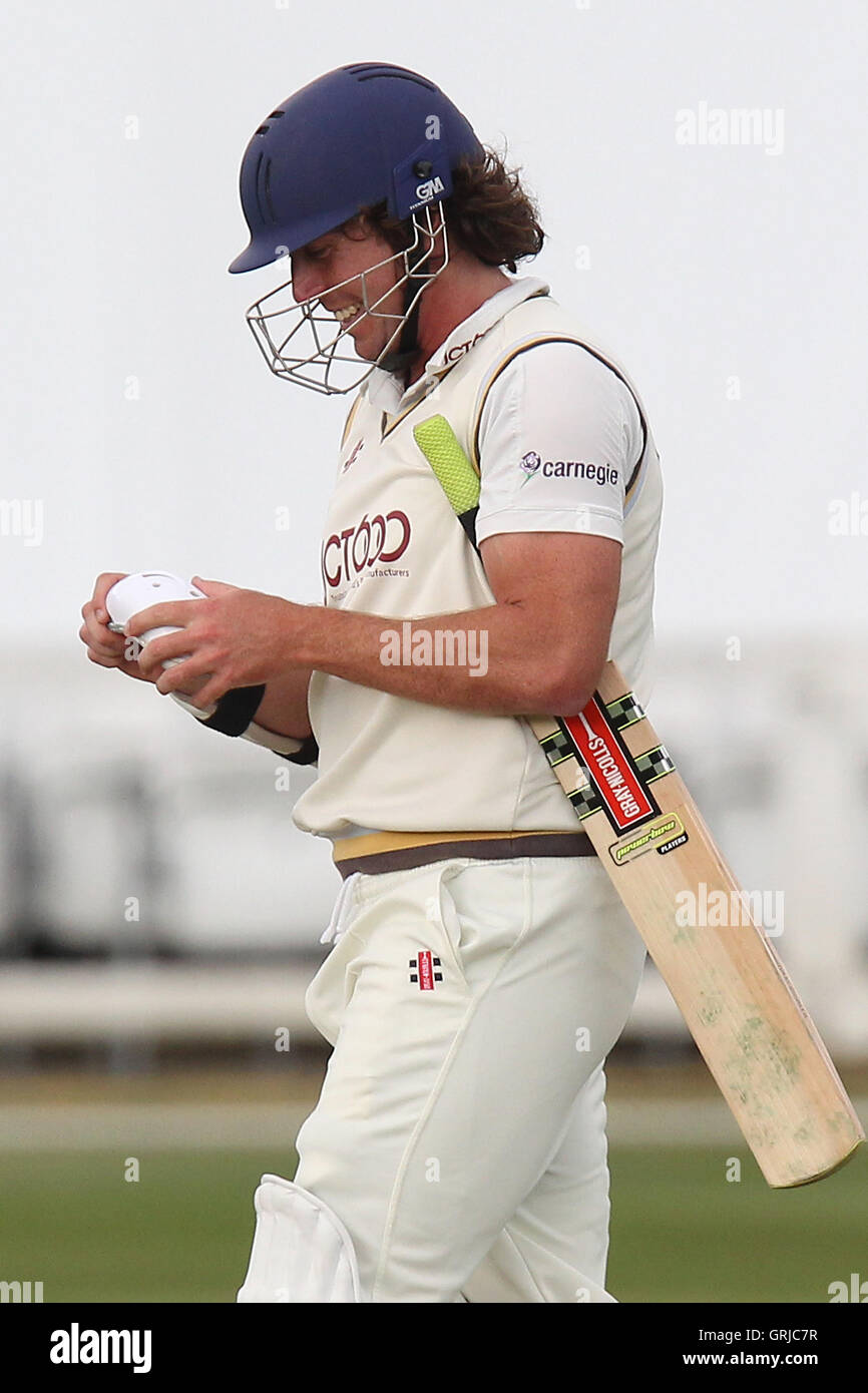 Ryan Sidebottom of Yorkshire examines his box after being struck by a ...