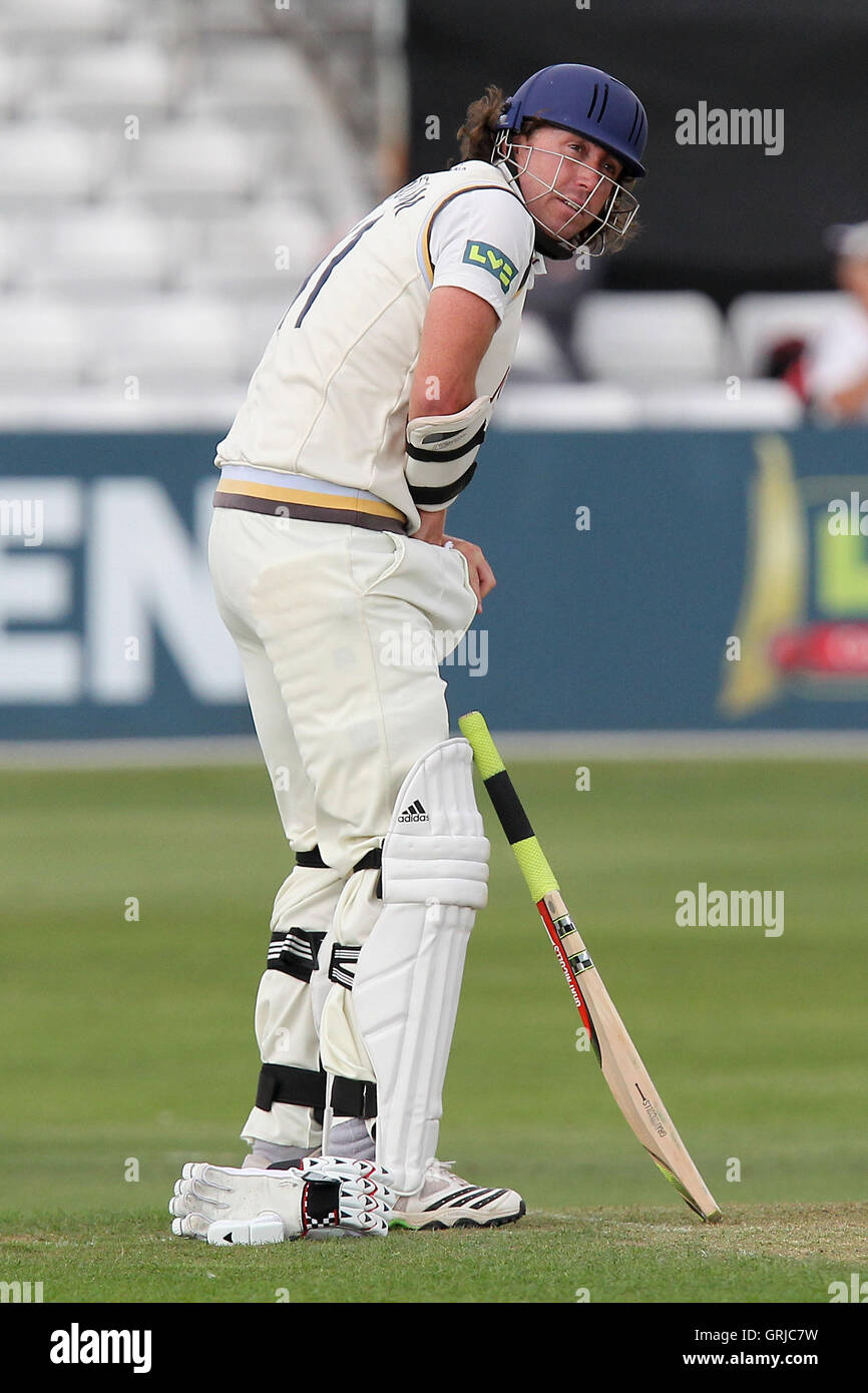Ryan Sidebottom of Yorkshire replaces his box after being struck by a ...