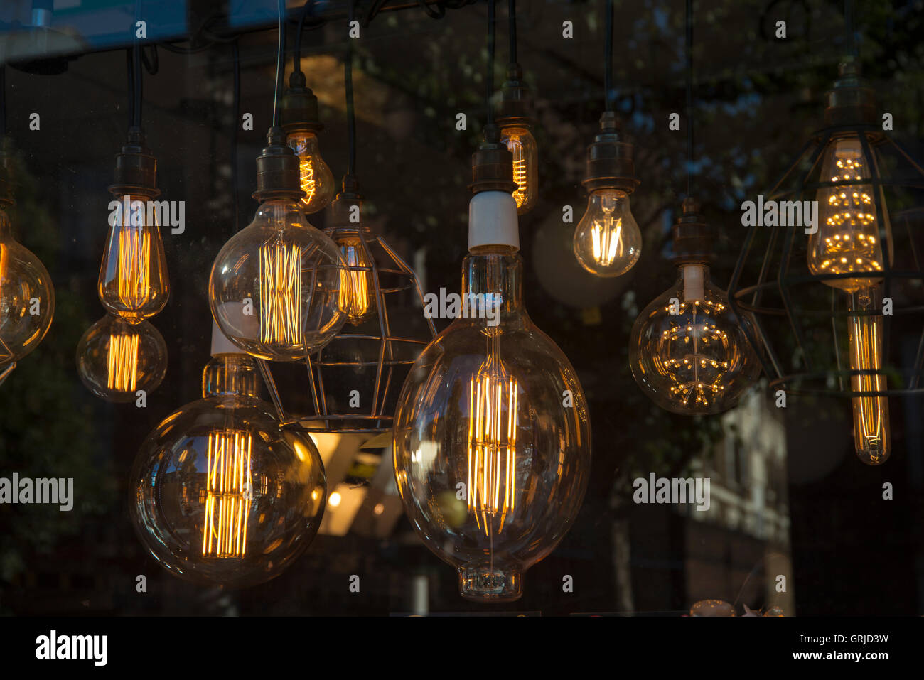 lightbulbs hanging in a lighting shop window Stock Photo - Alamy