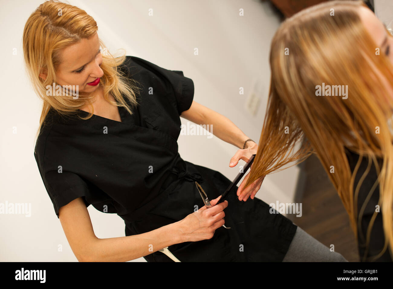 Hair stylist at work - hairdresser cutting hair to the customer before ...