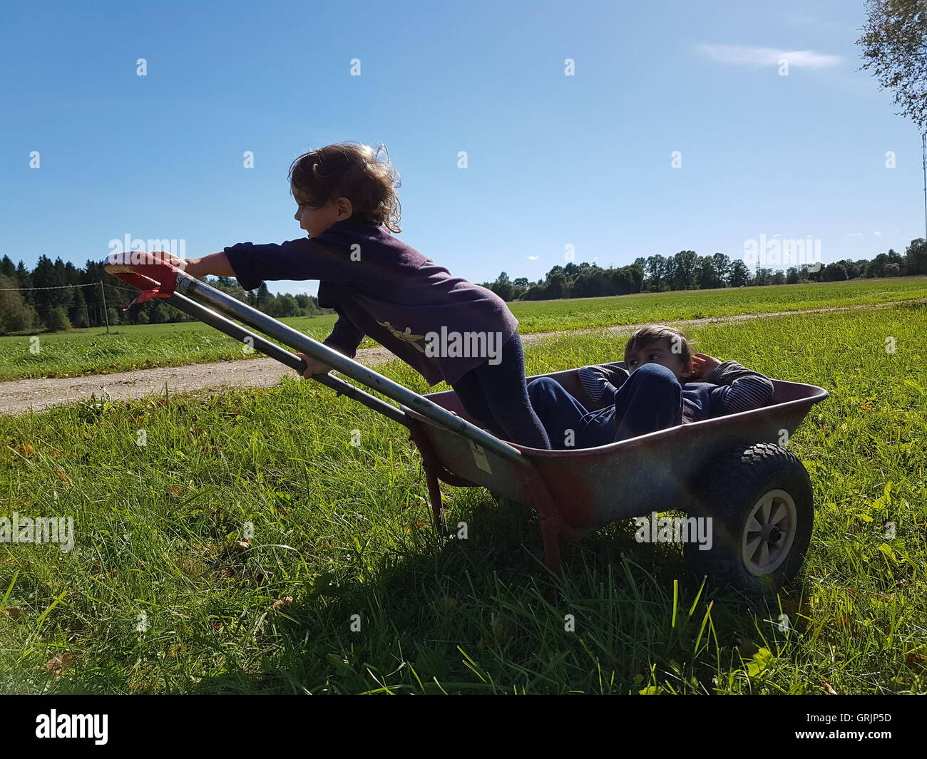 kids having fun at harvesting charriot Stock Photo - Alamy