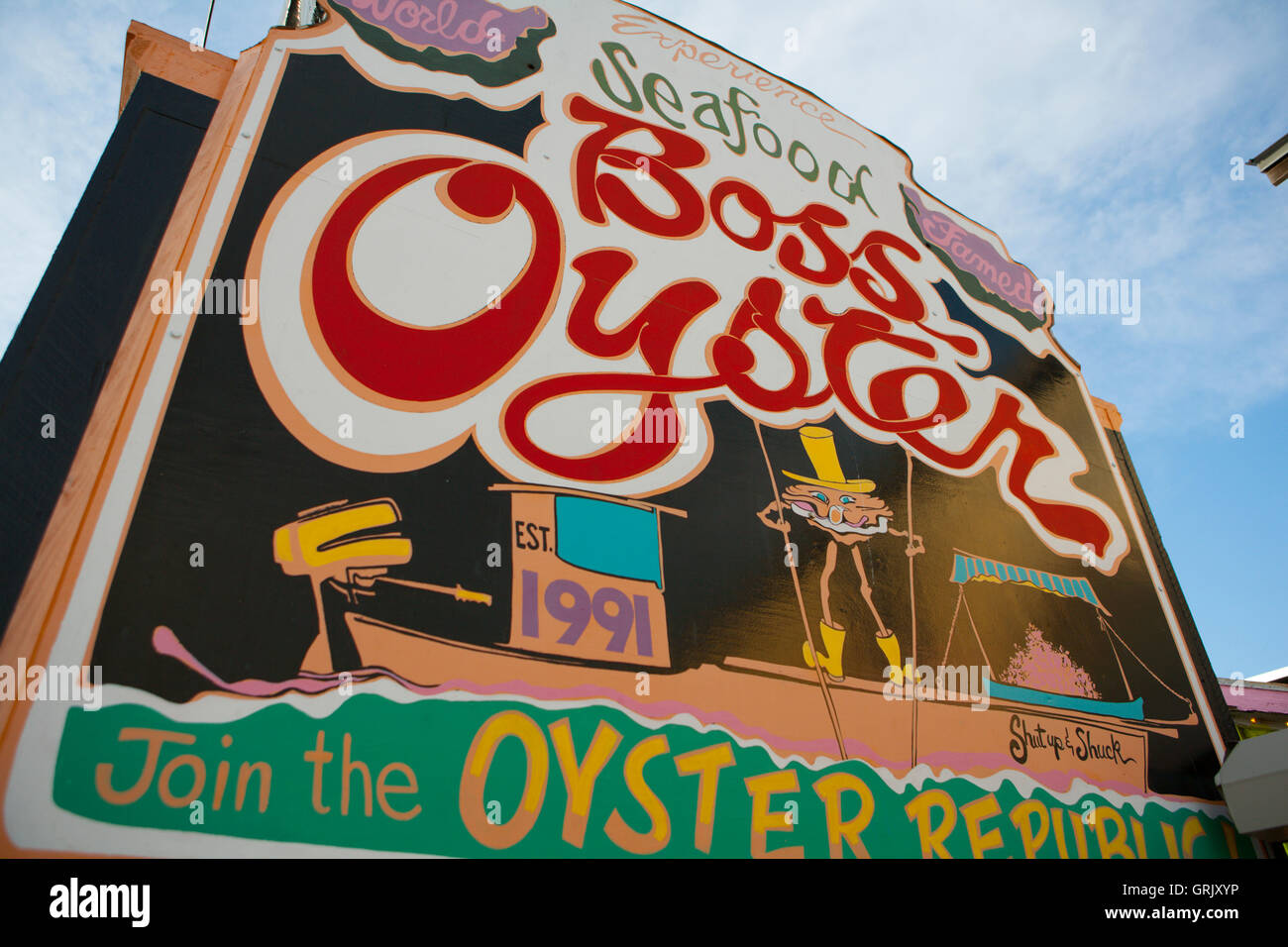 A sign for the world famous Boss Oyster Stock Photo - Alamy