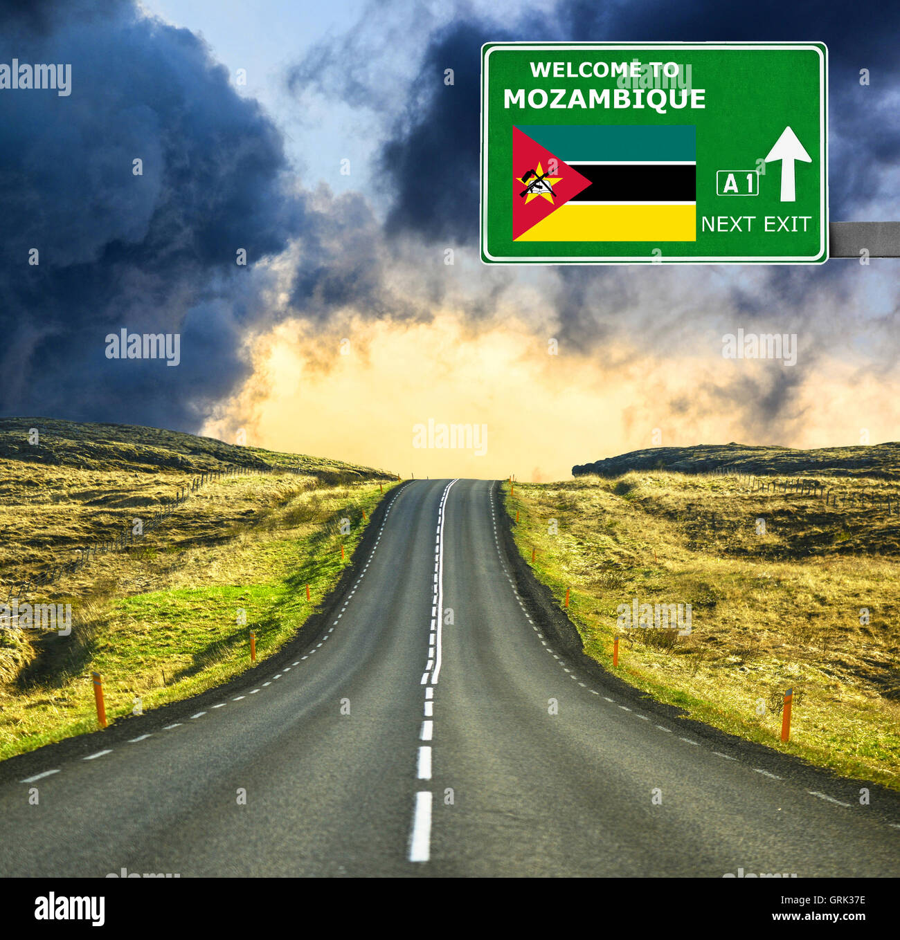 Mozambique road sign against clear blue sky Stock Photo - Alamy