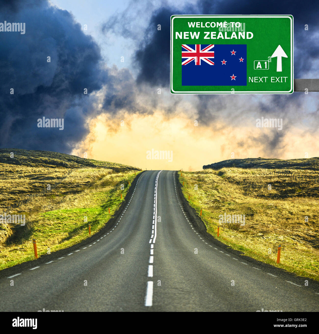 New Zealand road sign against clear blue sky Stock Photo - Alamy