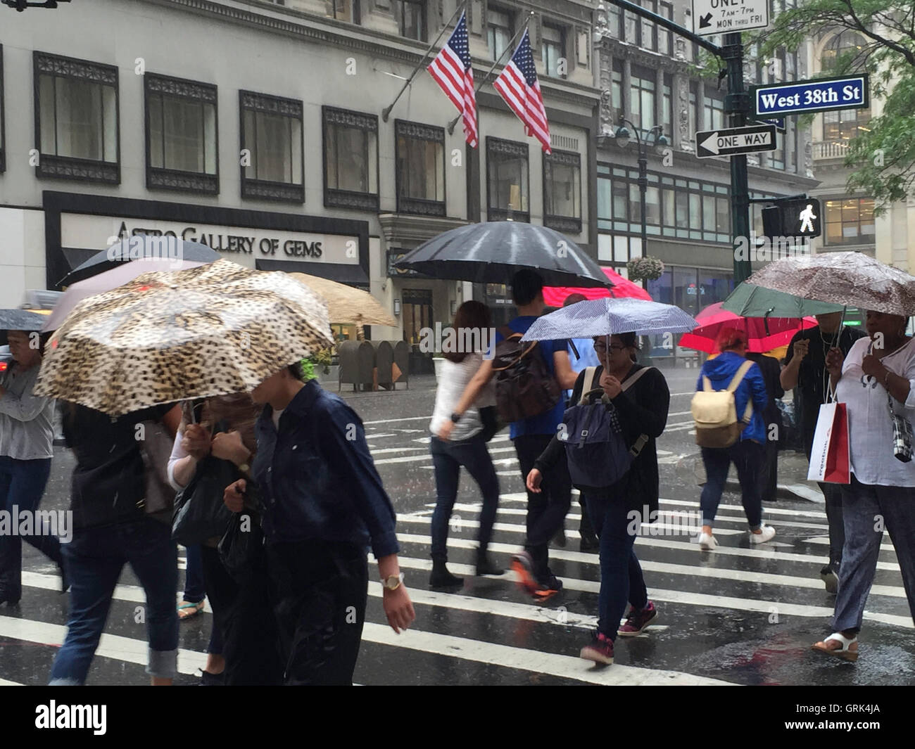 Activity on Fifth Avenue during Rainstorm under Brollies, New York City ...