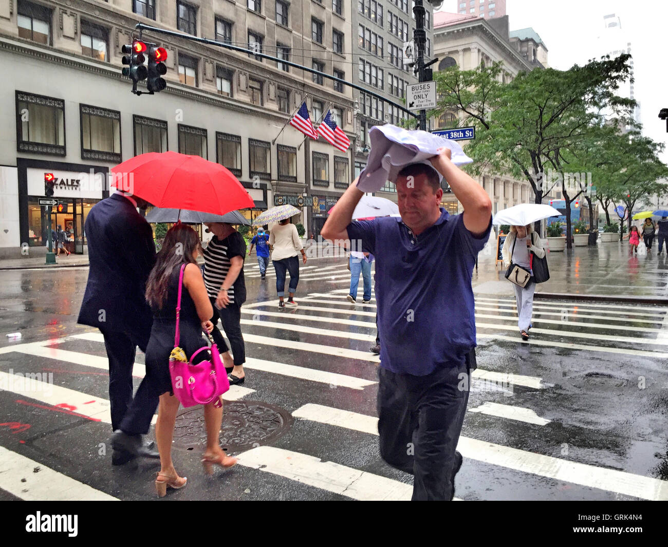 Activity on Fifth Avenue during Rainstorm under Brollies, New York City ...