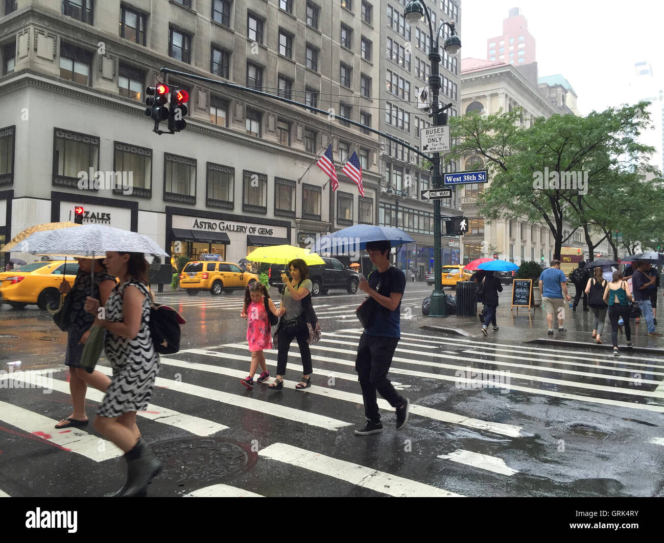 Activity on Fifth Avenue during Rainstorm under Brollies, New York City ...