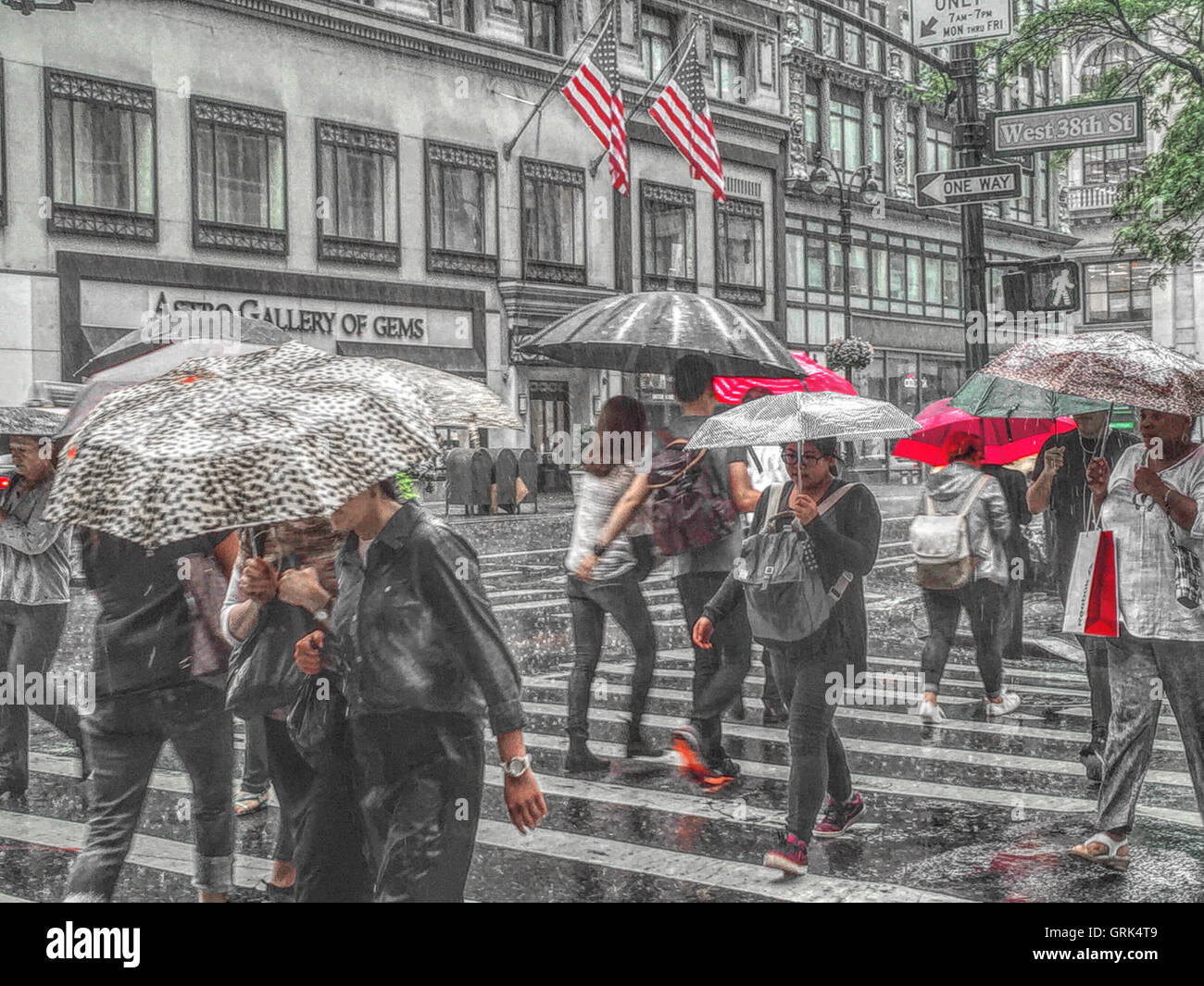 Activity on Fifth Avenue during Rainstorm under Brollies, New York City ...