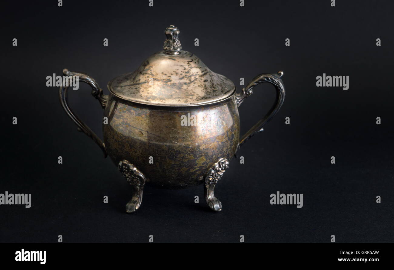 Very old kitchen accessories made of silver on black Stock Photo - Alamy