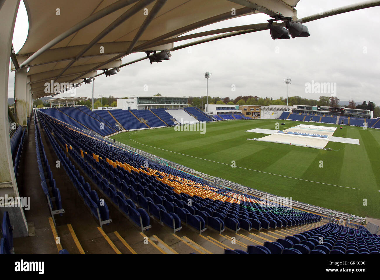 General view of the SWALEC Stadium as rain delays the start of play on ...