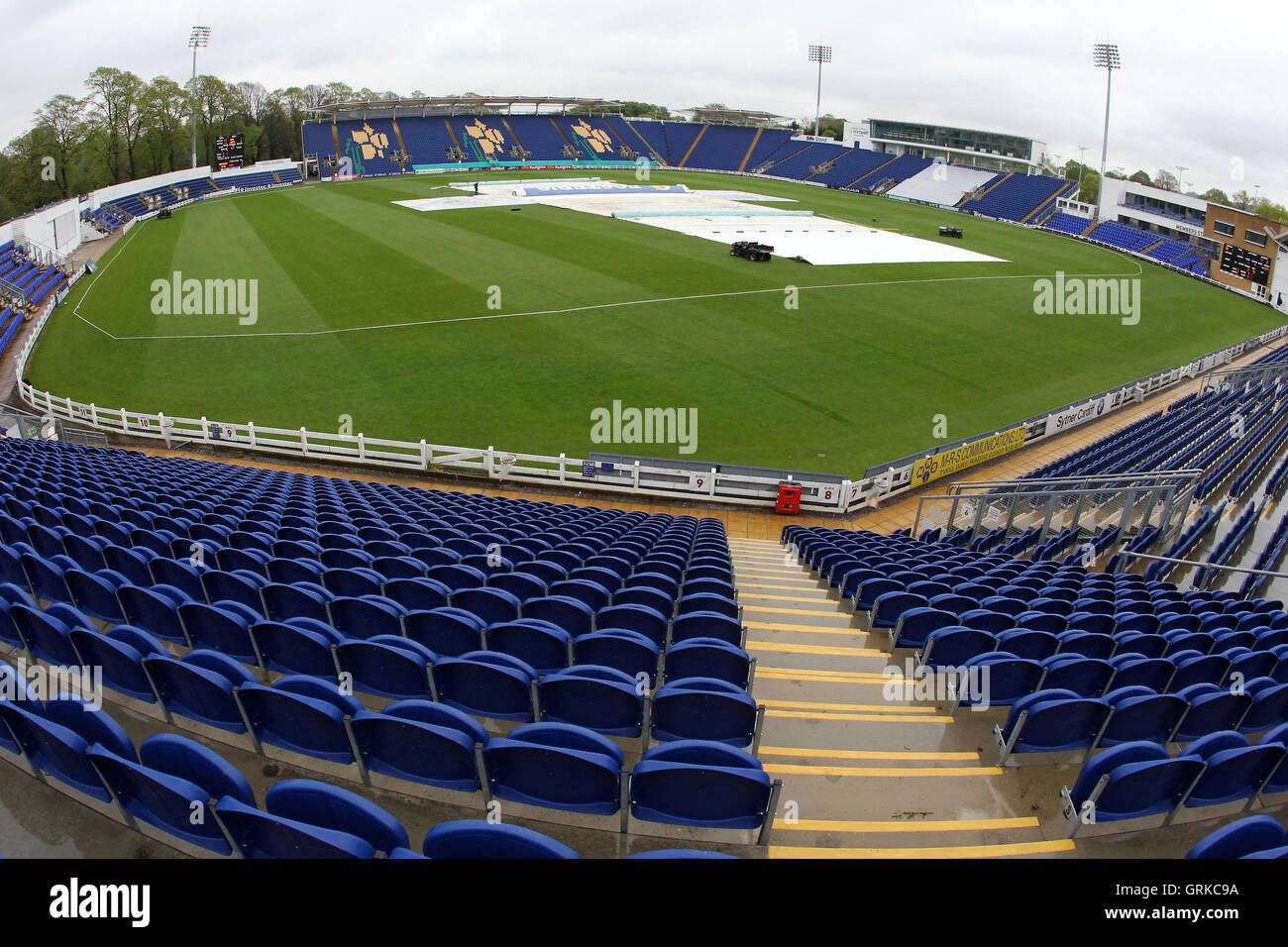 General view of the SWALEC Stadium as rain delays the start of play on ...