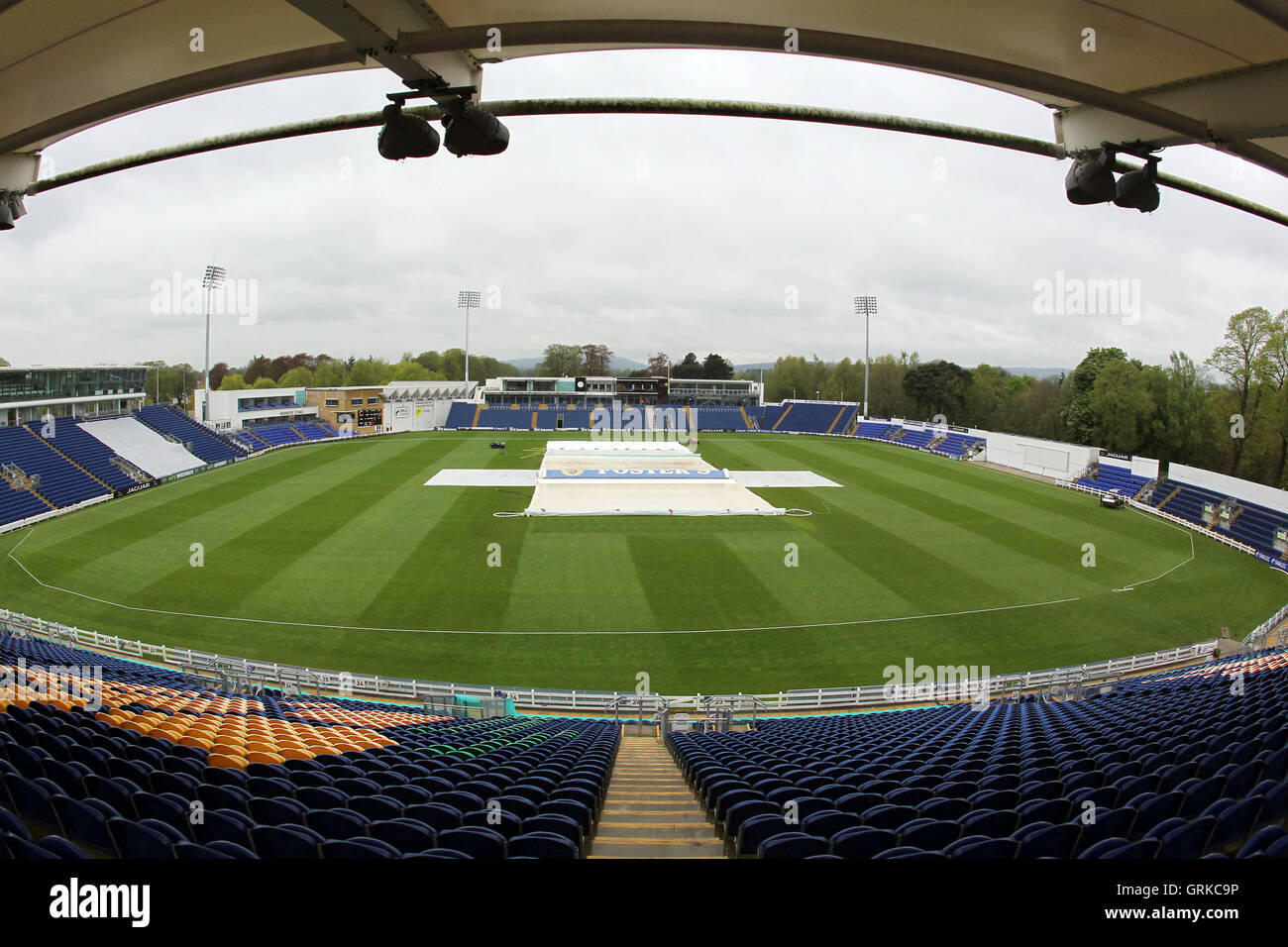General view of the SWALEC Stadium as rain delays the start of play on ...