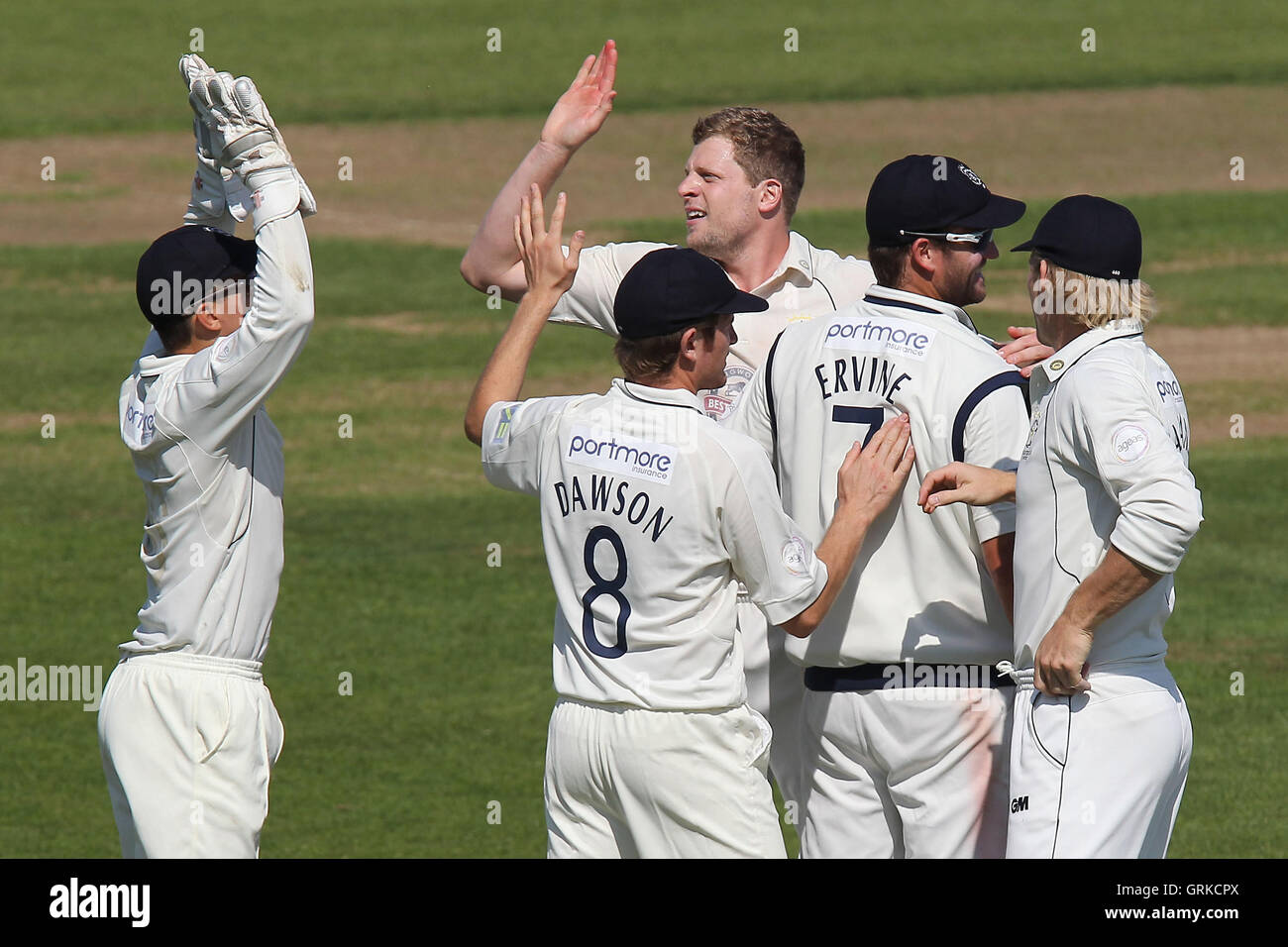 David Balcombe of Hampshire celebrates the wicket of James Foster with ...