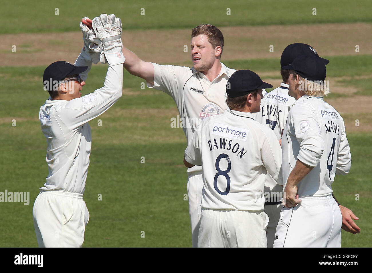 David Balcombe of Hampshire celebrates the wicket of James Foster with ...