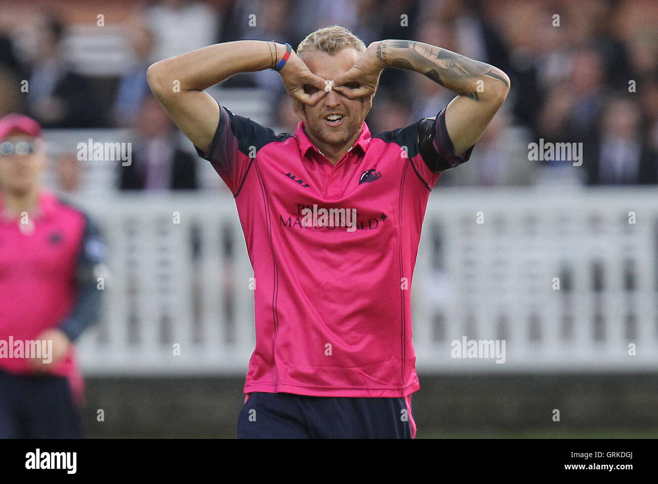 Gareth Berg of Middlesex celebrates the wicket of Greg Smith ...
