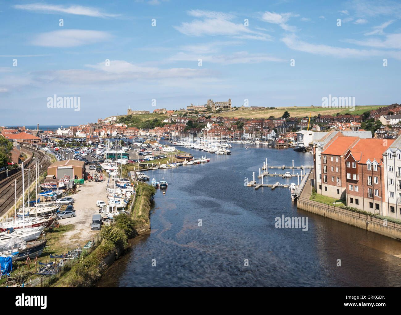 Whitby Upper Harbour and Abbey seen from New Bridge Yorkshire UK Stock ...