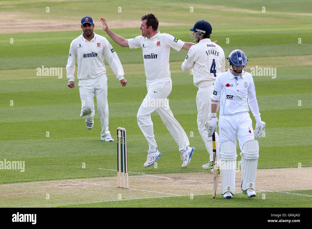 David Masters of Essex (2nd L) celebrates the wicket of David ...