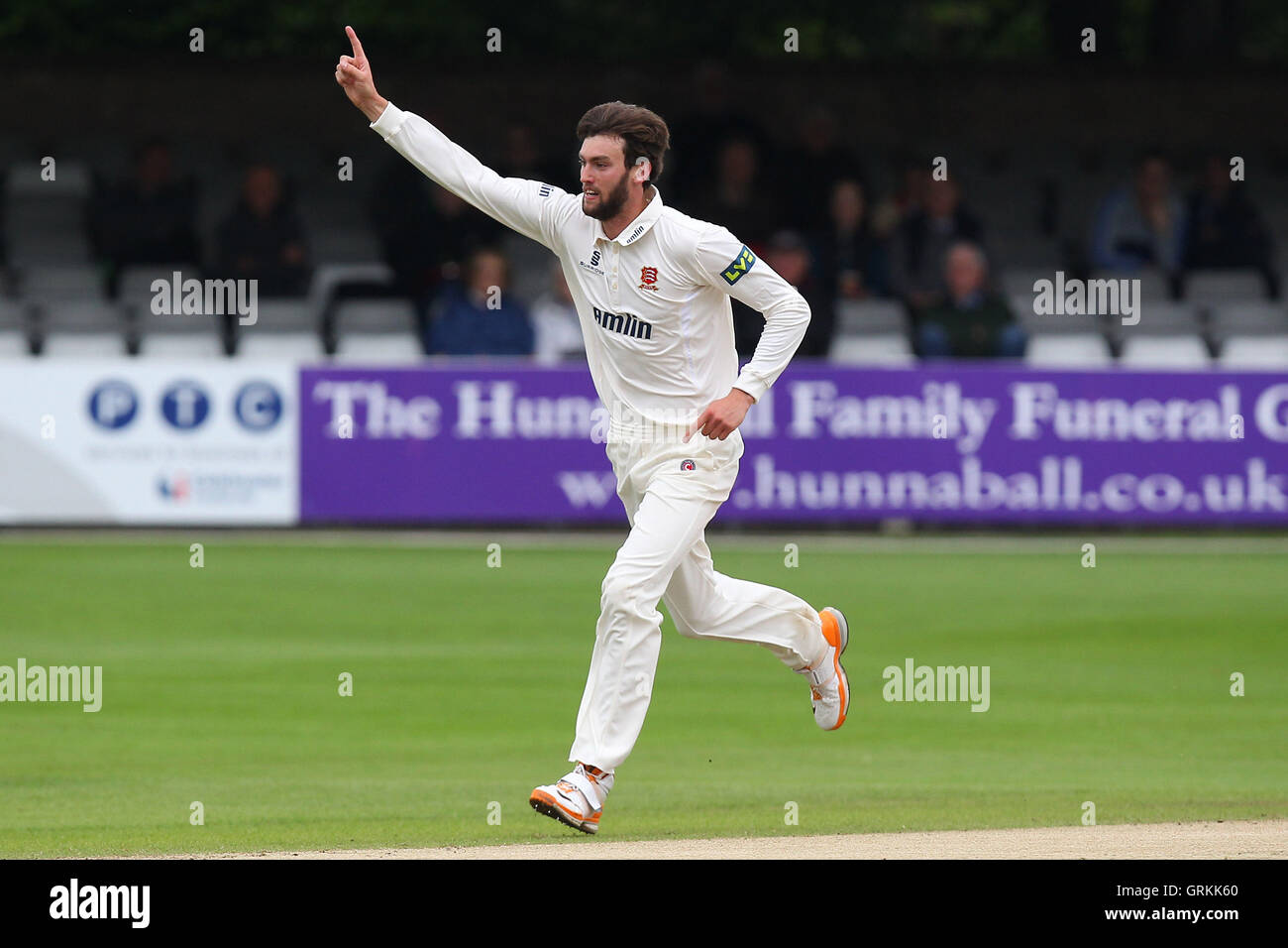 Reece Topley of Essex celebrates taking the wicket of Tom Lancefield ...