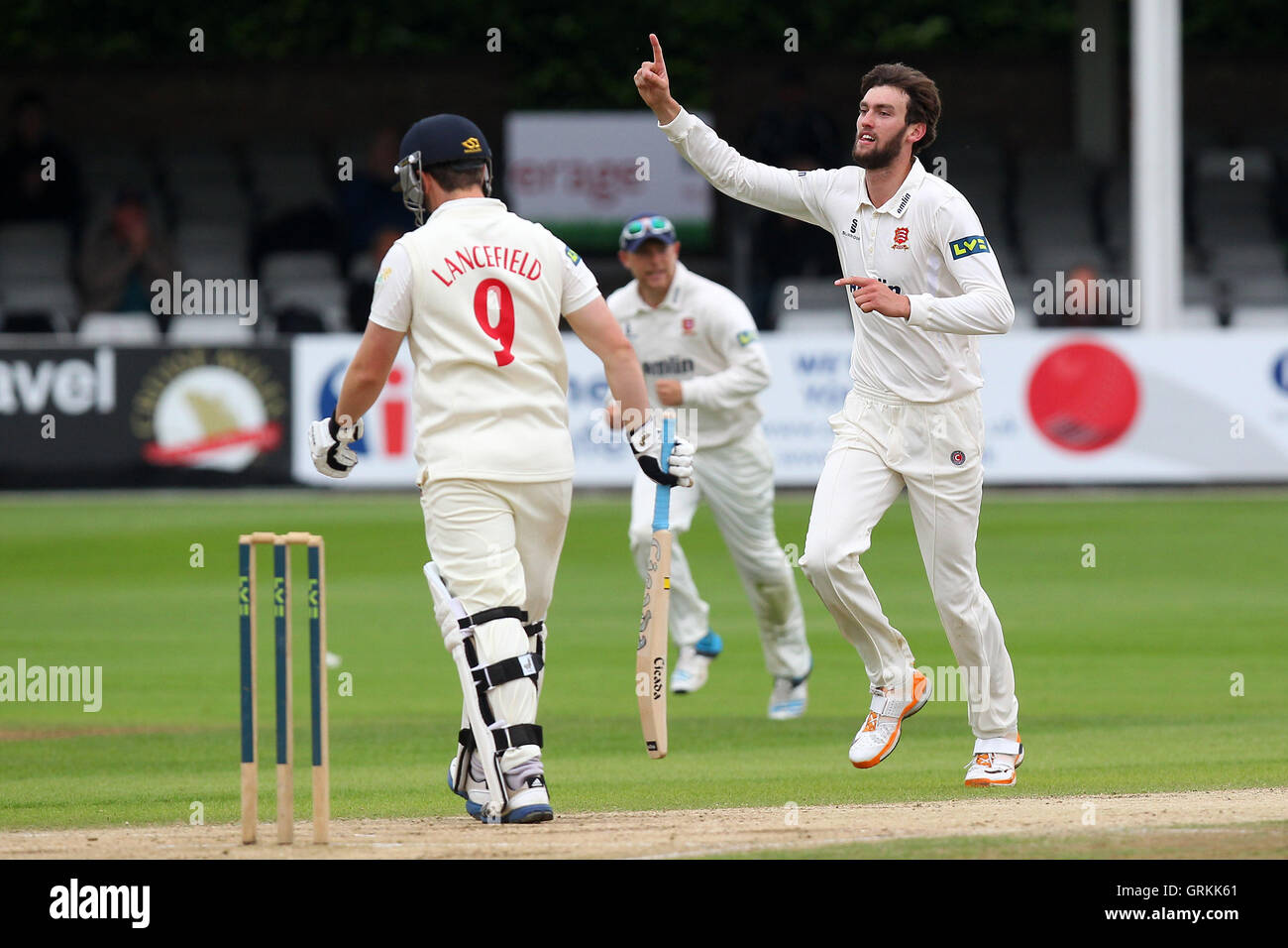 Reece Topley of Essex celebrates taking the wicket of Tom Lancefield ...
