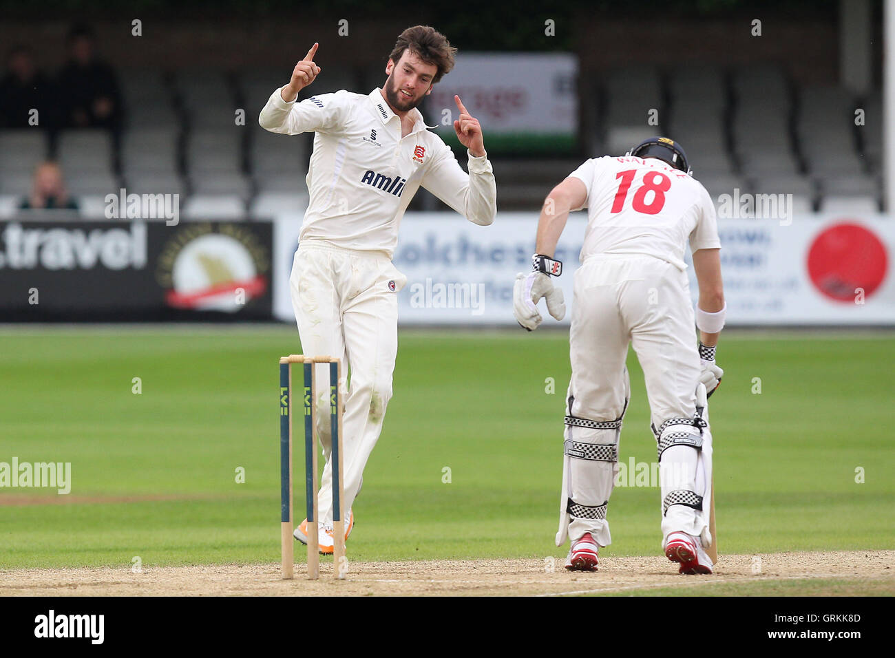 Reece Topley of Essex celebrates the wicket of Mark Wallace, his tenth ...