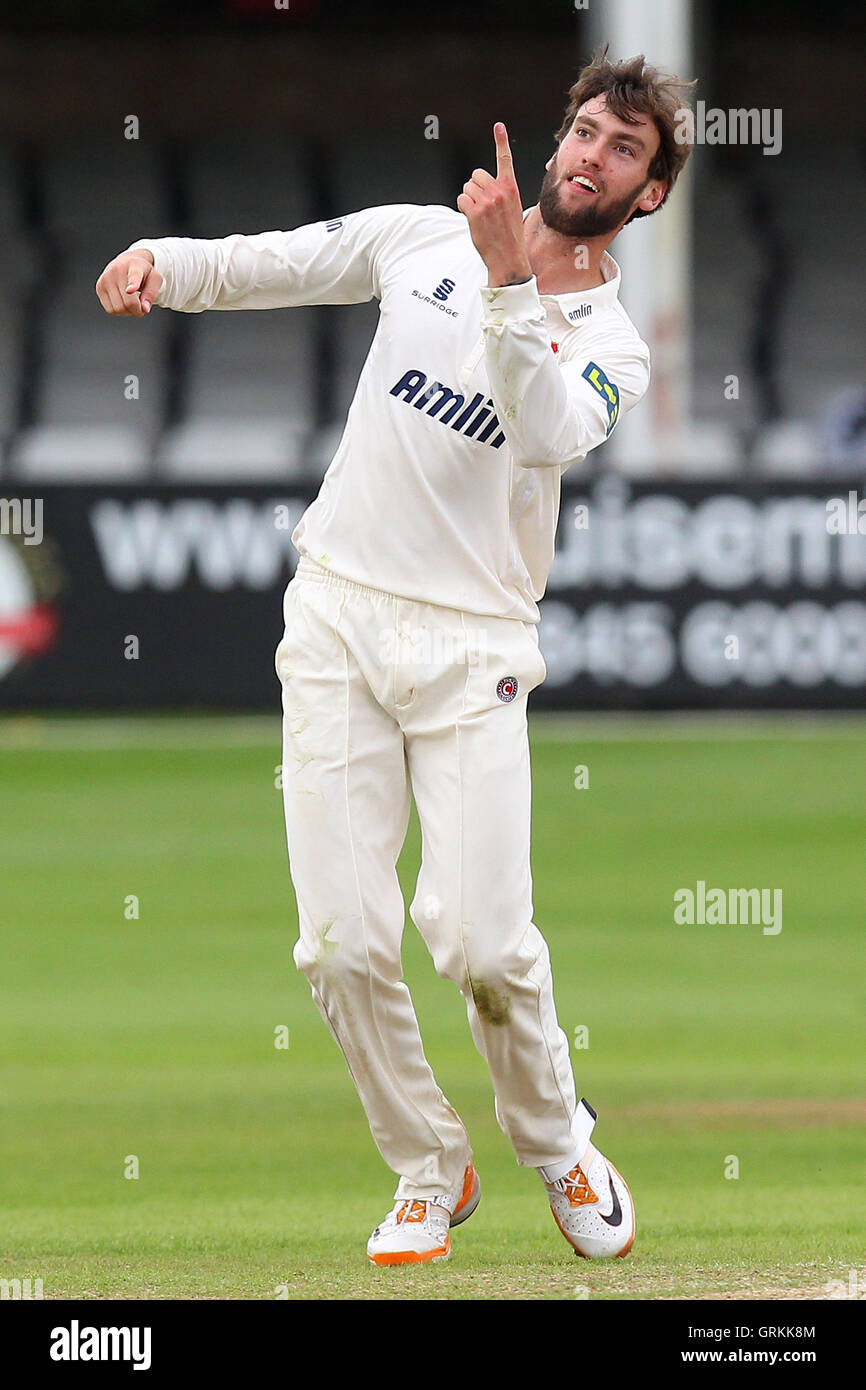 Reece Topley of Essex celebrates the wicket of Mark Wallace, his tenth ...