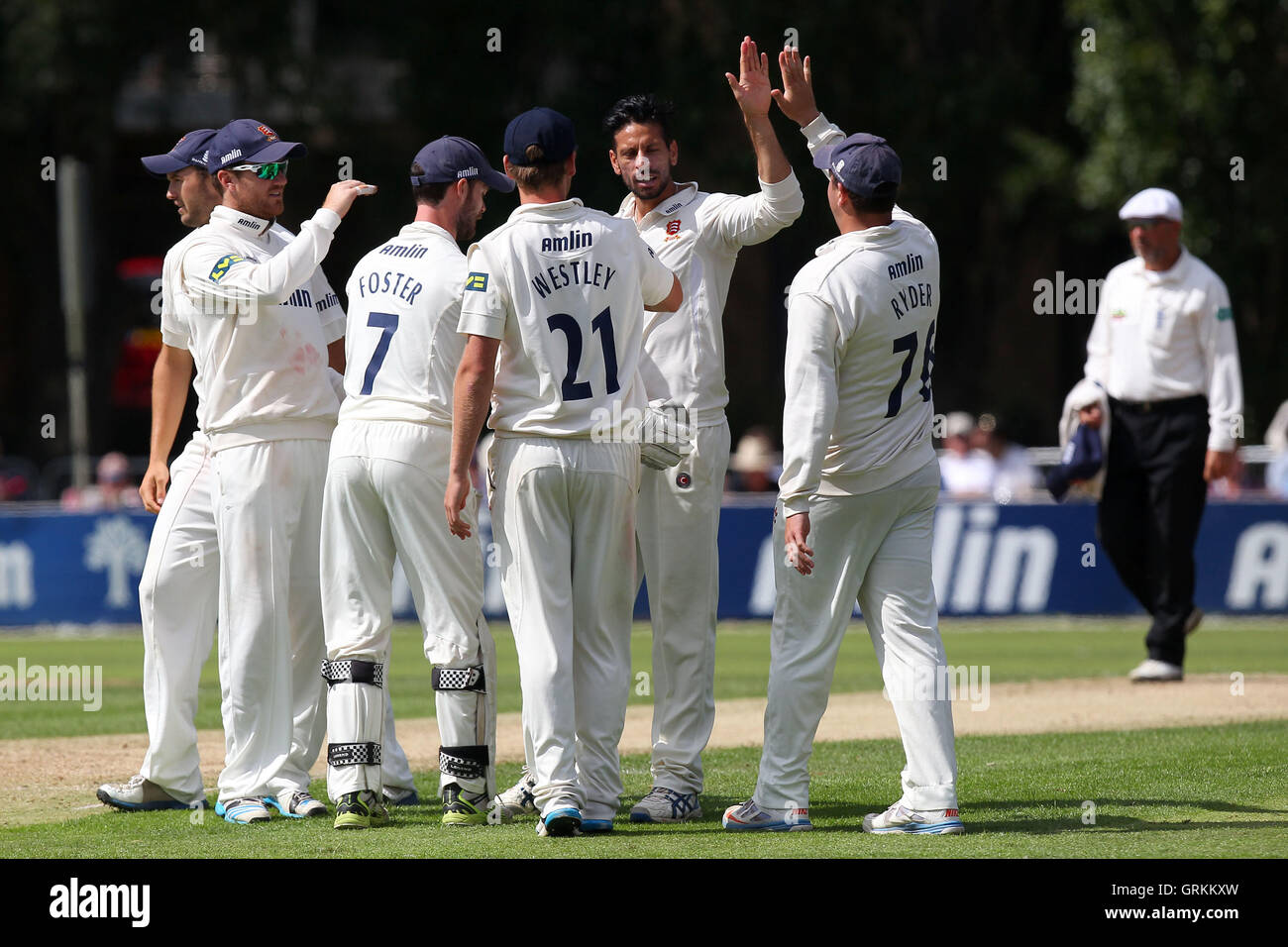 Sajid Mahmood of Essex (C) claims the wicket of Adam Wheater and ...