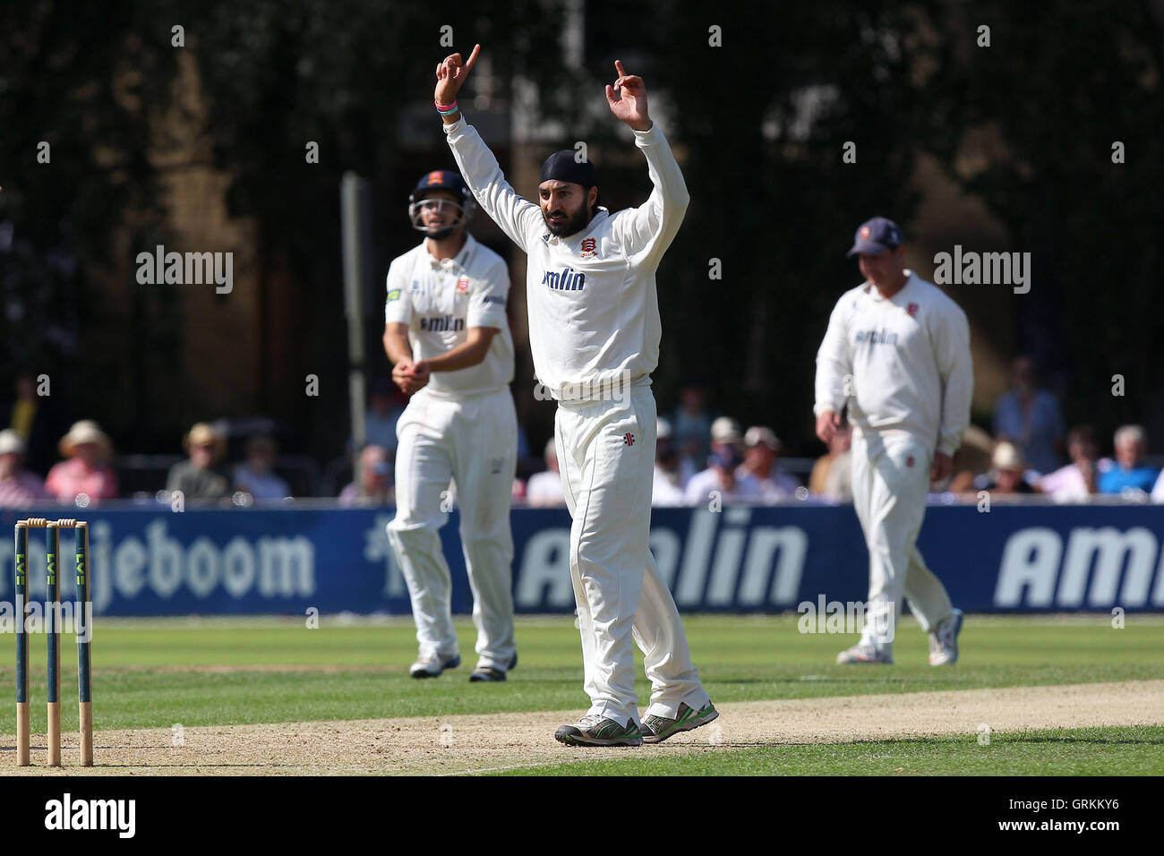 Monty Panesar of Essex celebrates taking the last Hampshire wicket ...