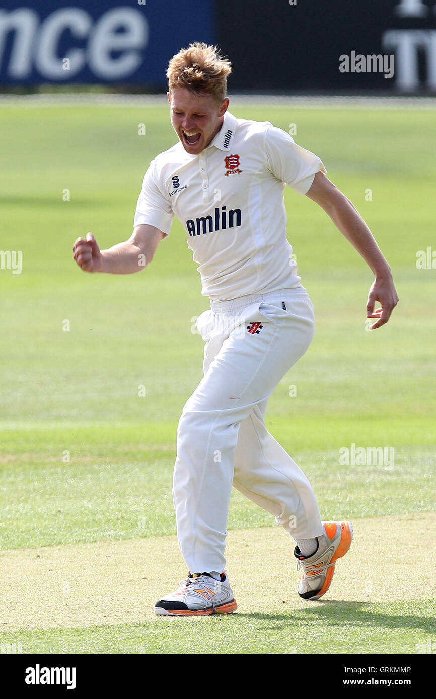Jamie Porter celebrates the wicket of Darren Stevens on debut for Essex ...