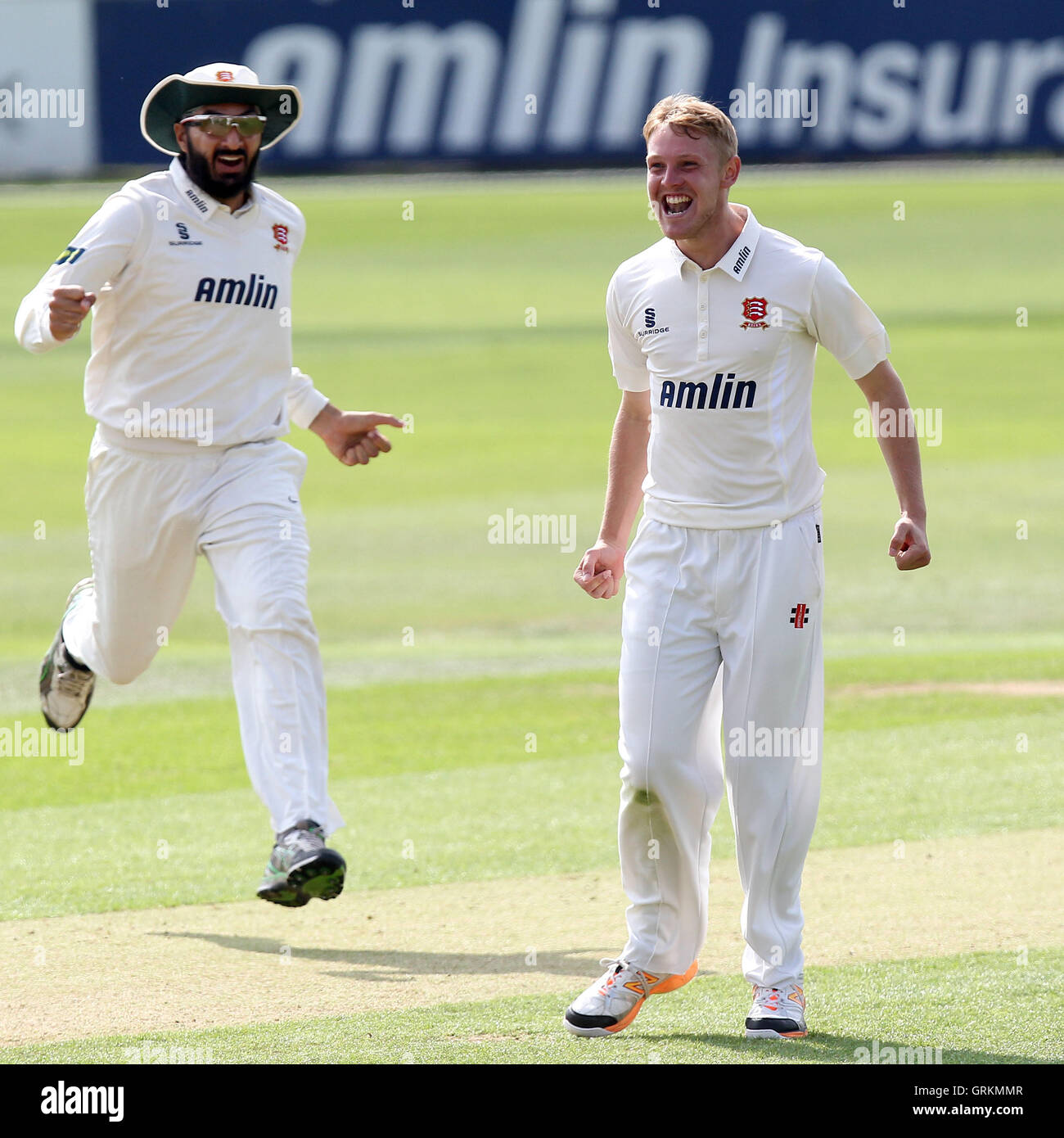 Jamie Porter (R) celebrates the wicket of Darren Stevens on debut for ...