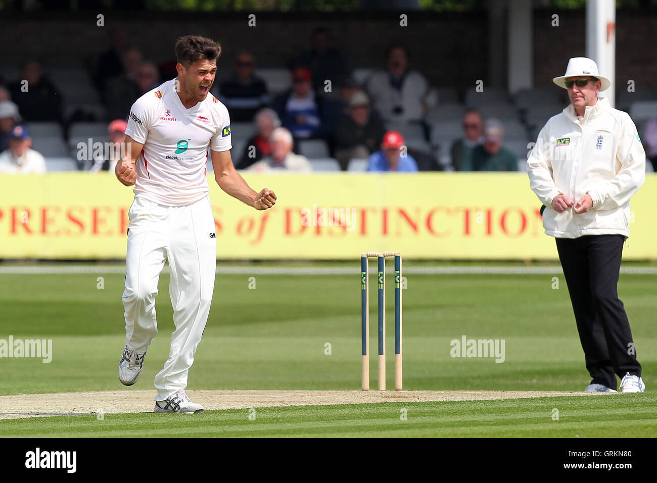 Nathan Buck of Leicestershire celebrates the wicket of Oliver Newby ...