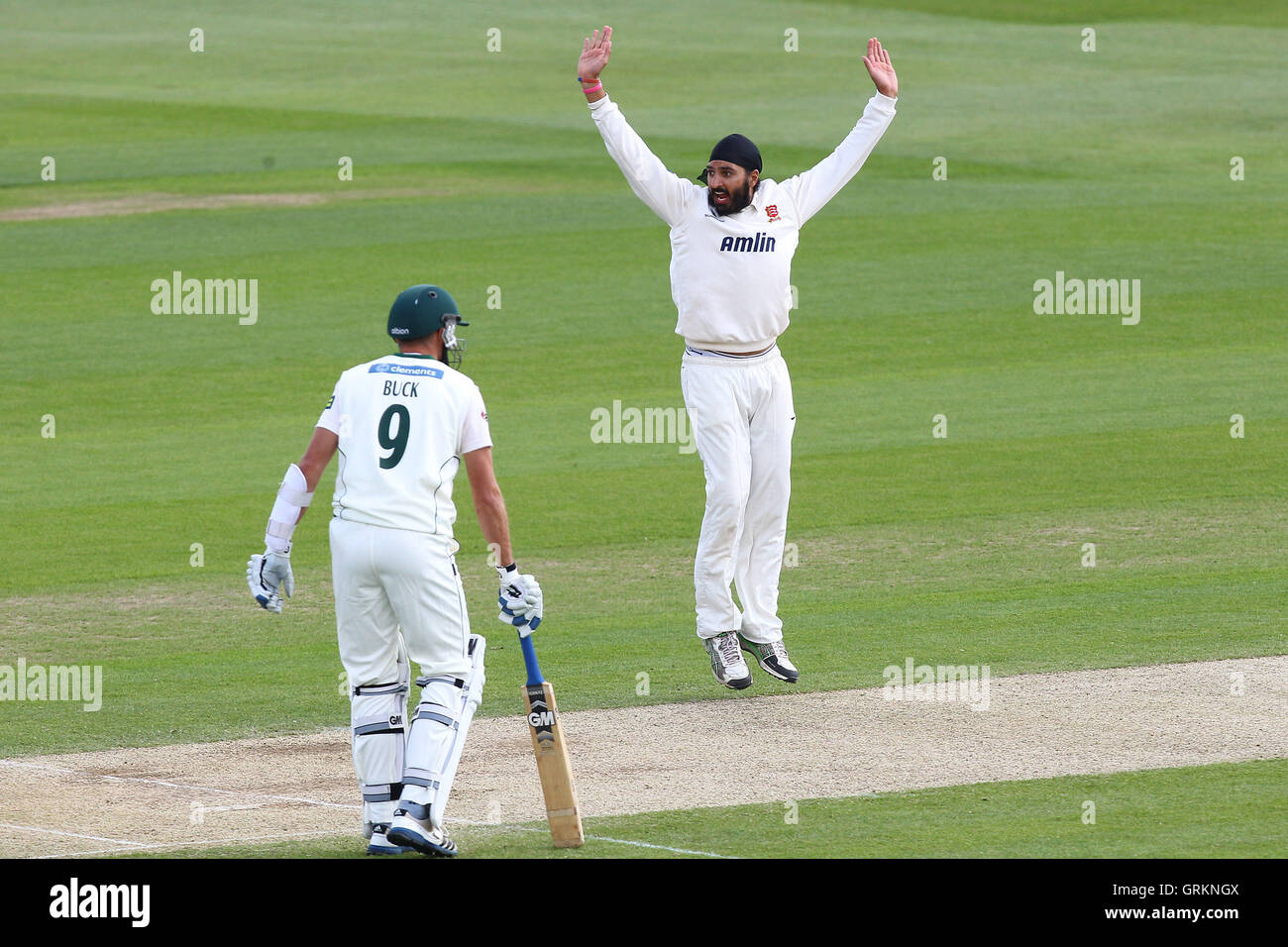 A big appeal for the wicket of Charlie Shreck by Monty Panesar of Essex ...