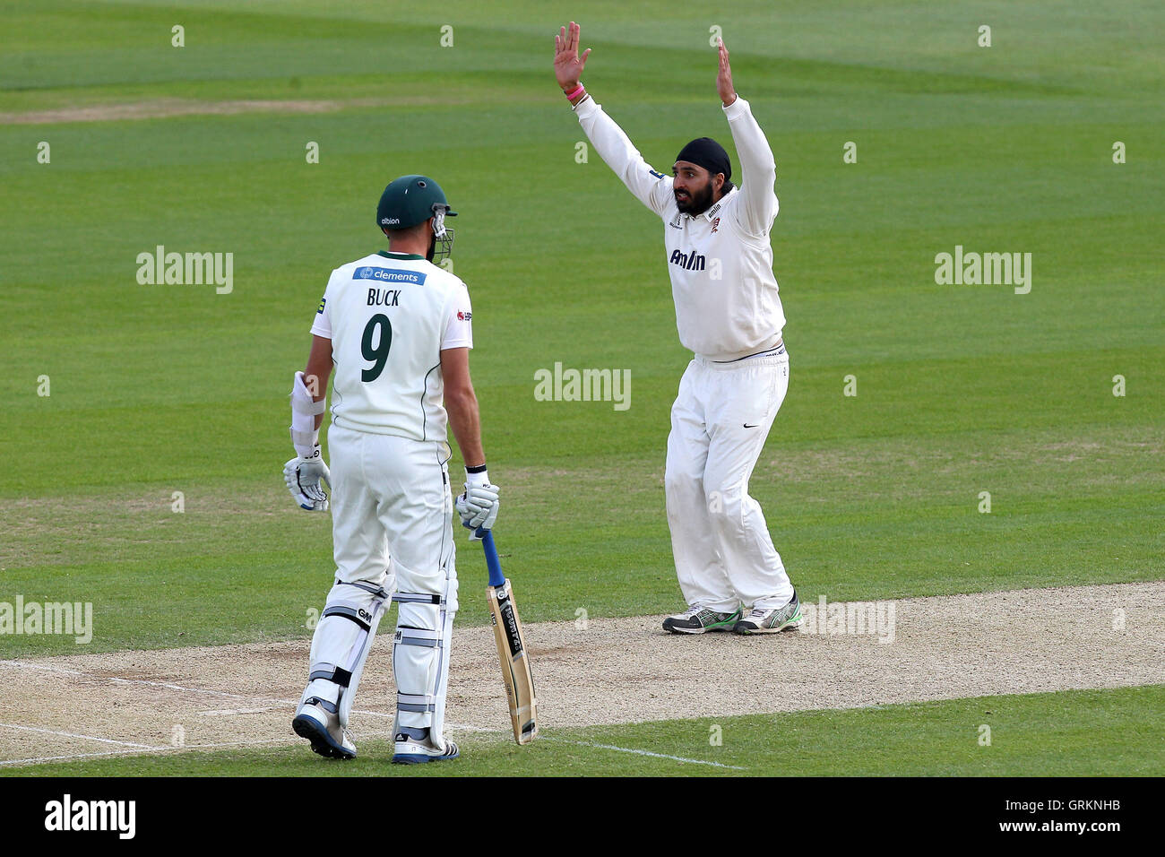 A big appeal for the wicket of Charlie Shreck by Monty Panesar of Essex ...