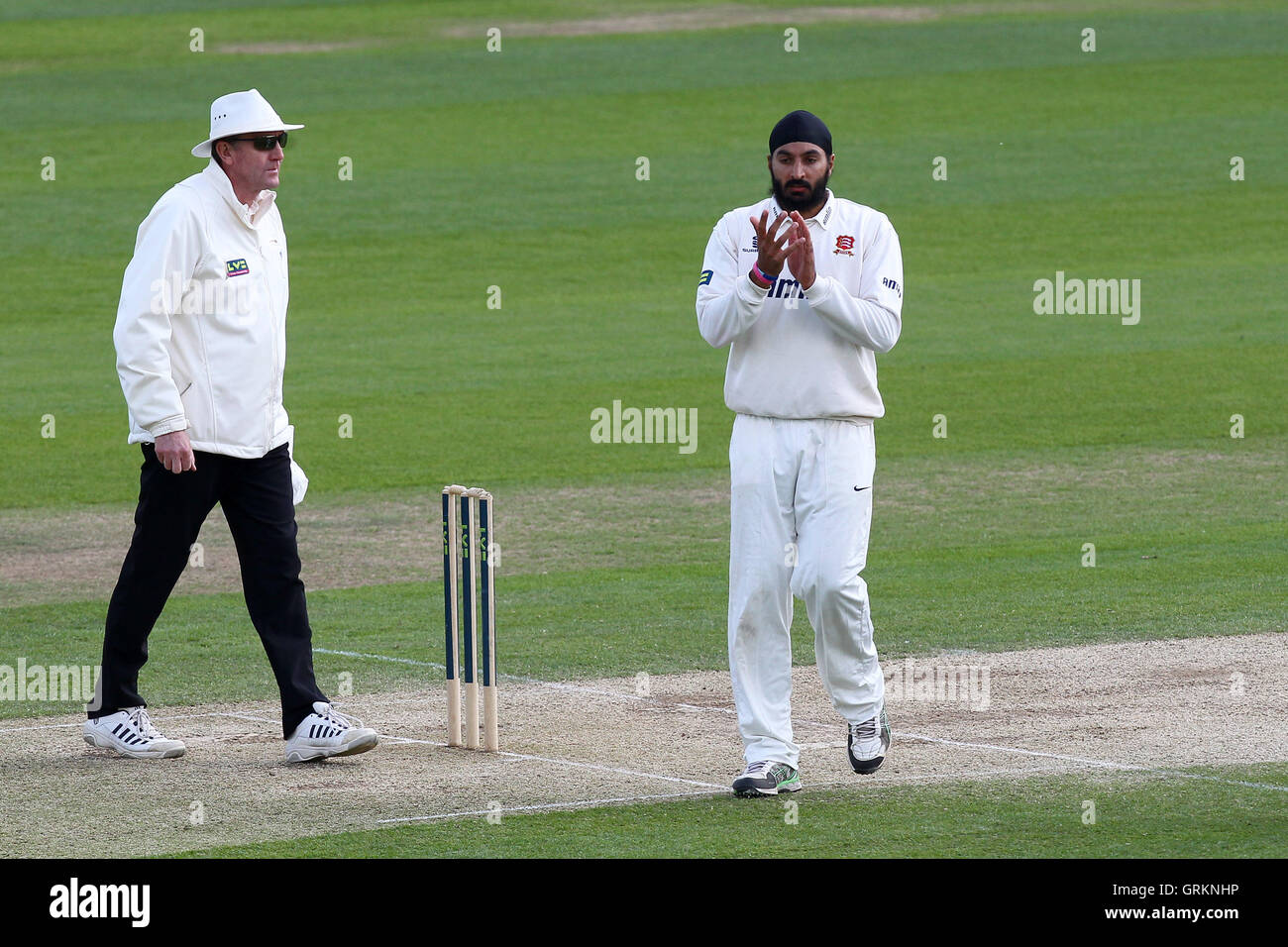 Monty Panesar of Essex celebrates taking the wicket of Anthony Ireland ...