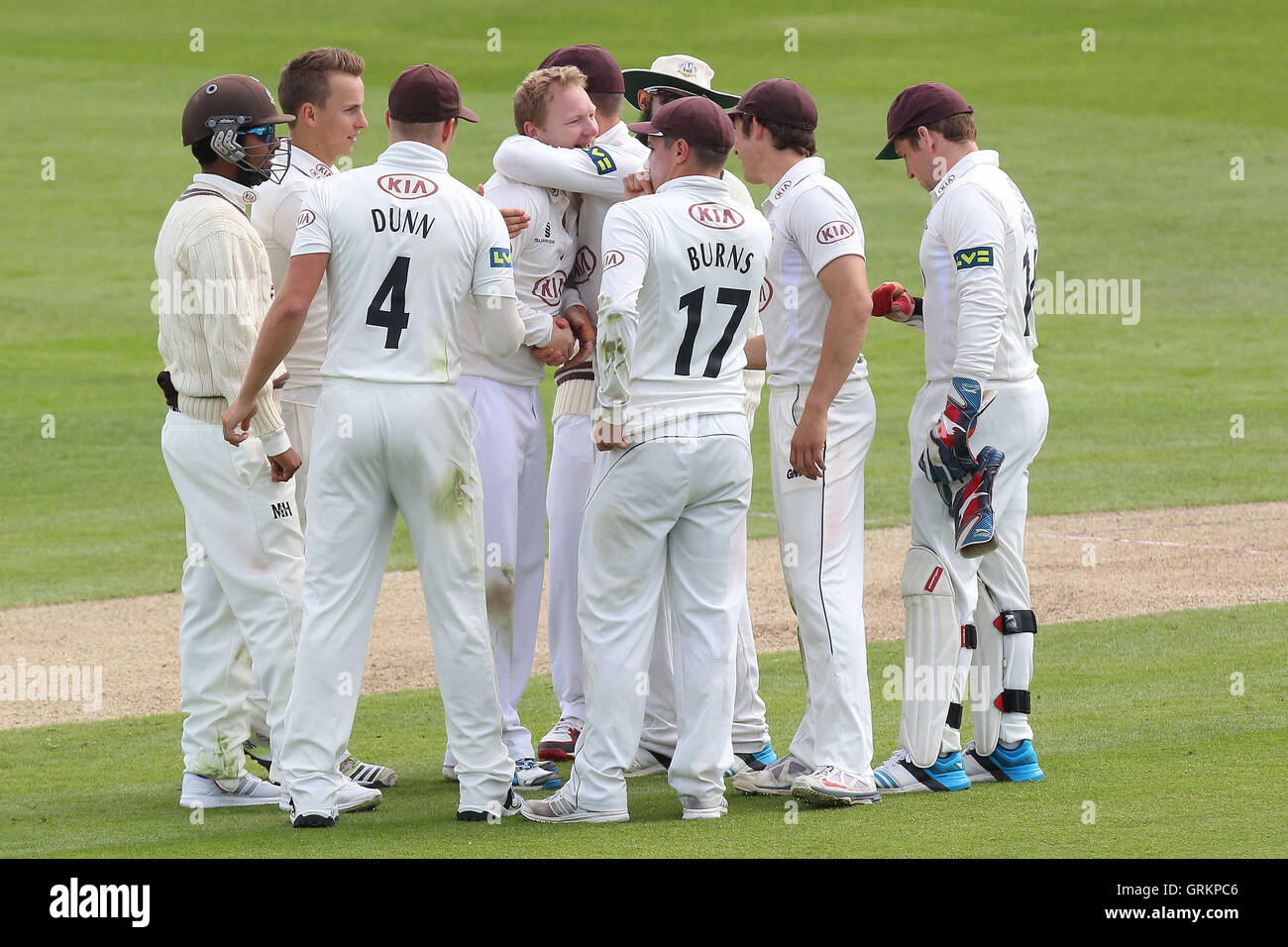 Gareth Batty of Surrey (C) celebrates the wicket of Tom Westley - Essex ...